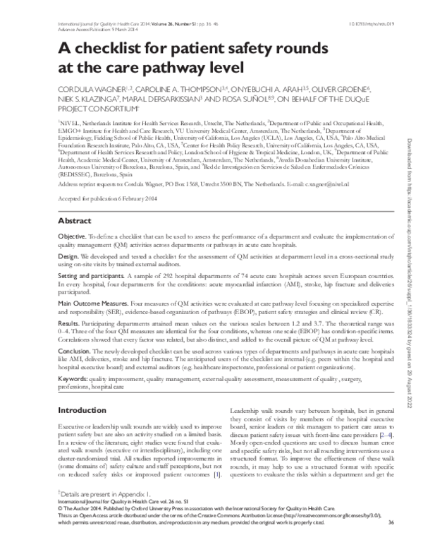 (PDF) A checklist for patient safety rounds at the care pathway level