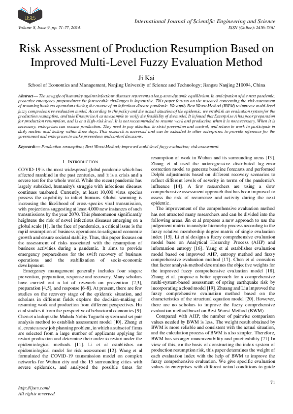(PDF) Risk Assessment of Production Resumption Based on Improved Multi-Level Fuzzy Evaluation Method