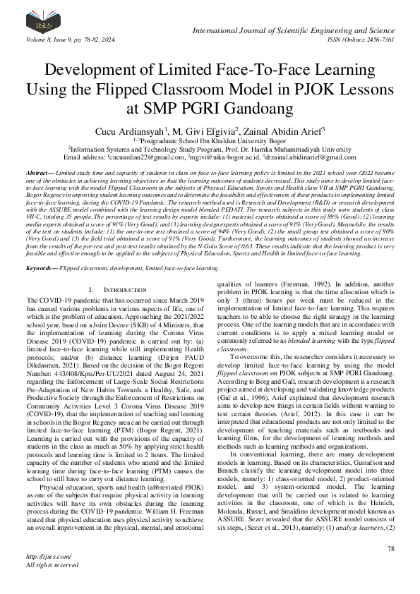 (PDF) Development of Limited Face-To-Face Learning Using the Flipped Classroom Model in PJOK ...