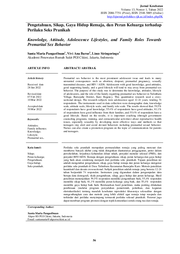 (PDF) Pengetahuan, Sikap, Gaya Hidup Remaja, dan Peran Keluarga terhadap Perilaku Seks Pranikah
