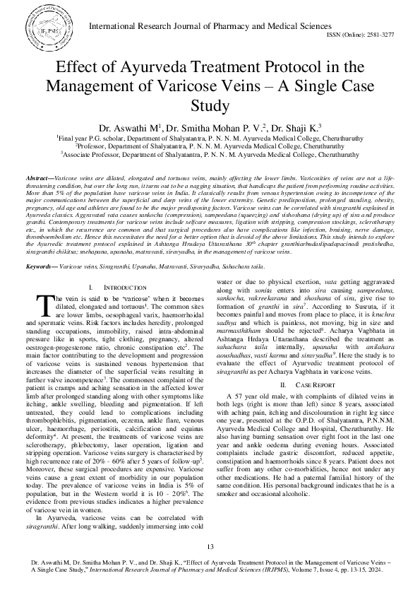 (PDF) Effect of Ayurveda Treatment Protocol in the Management of Varicose Veins -A Single Case Study