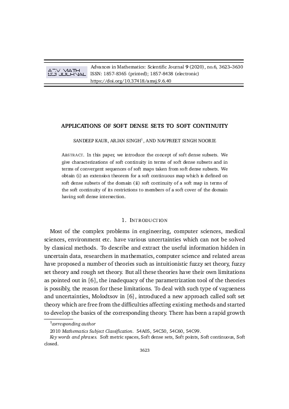(PDF) Applications of Soft Dense Sets to Soft Continuity