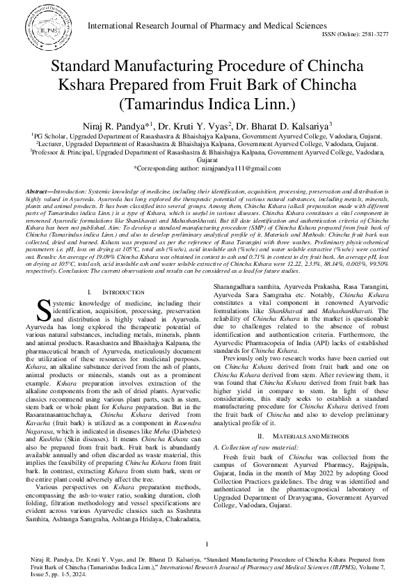 (PDF) Standard Manufacturing Procedure of Chincha Kshara Prepared from ...
