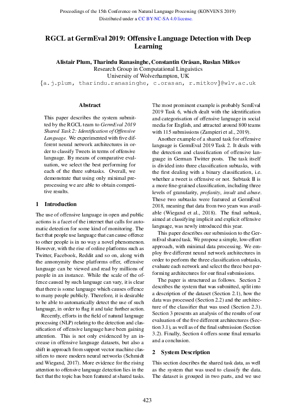 (PDF) RGCL at GermEval 2019: Offensive Language Detection with Deep Learning
