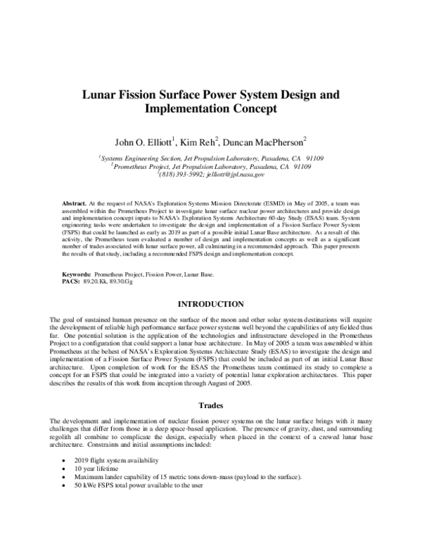 (PDF) Lunar Fission Surface Power System Design and Implementation Concept