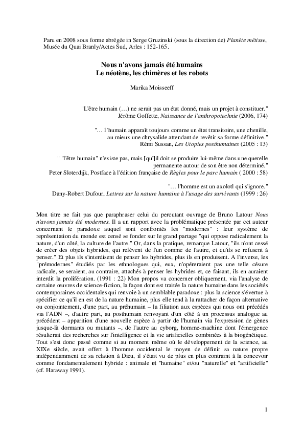 (PDF) Nous n'avons jamais été humains. Le néotène, les chimères et les ...