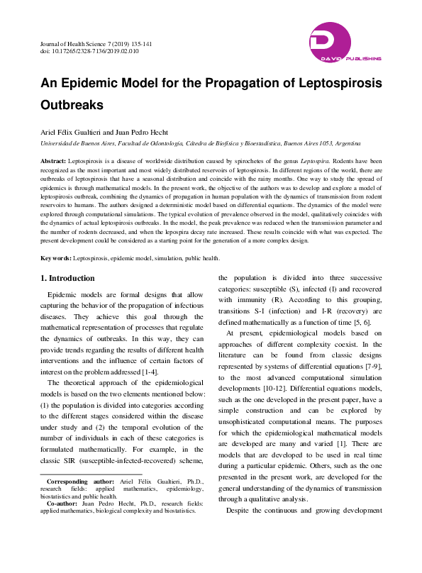 (PDF) An Epidemic Model for the Propagation of Leptospirosis Outbreaks