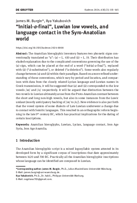 (PDF) "Initial-a-final", Luwian low vowels, and language contact in the ...