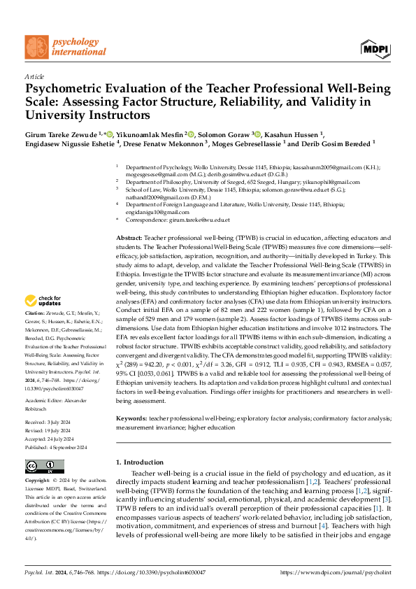 (PDF) Psychometric Evaluation of the Teacher Professional Well-Being Scale: Assessing Factor ...