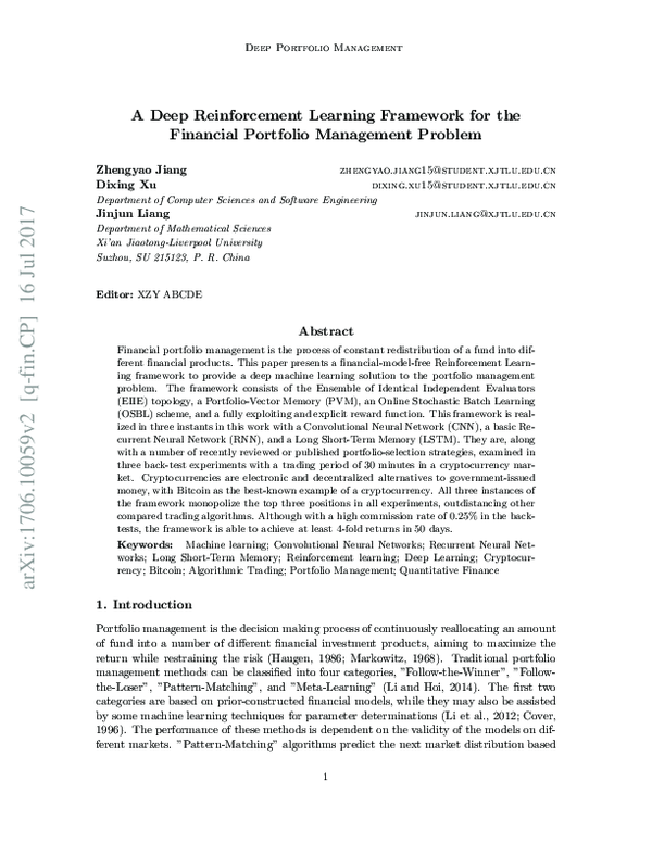 (PDF) A Deep Reinforcement Learning Framework for the Financial Portfolio Management Problem ...