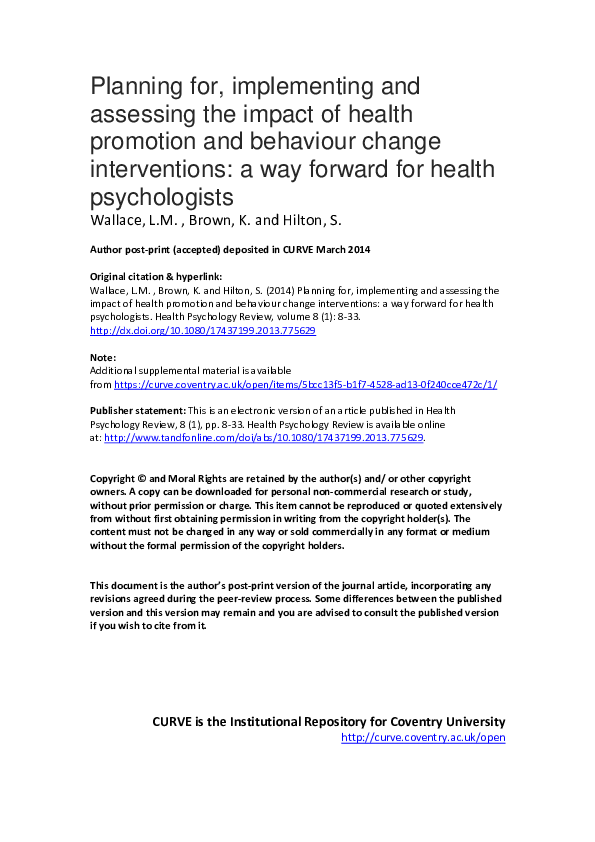 (PDF) Planning for, implementing and assessing the impact of health ...