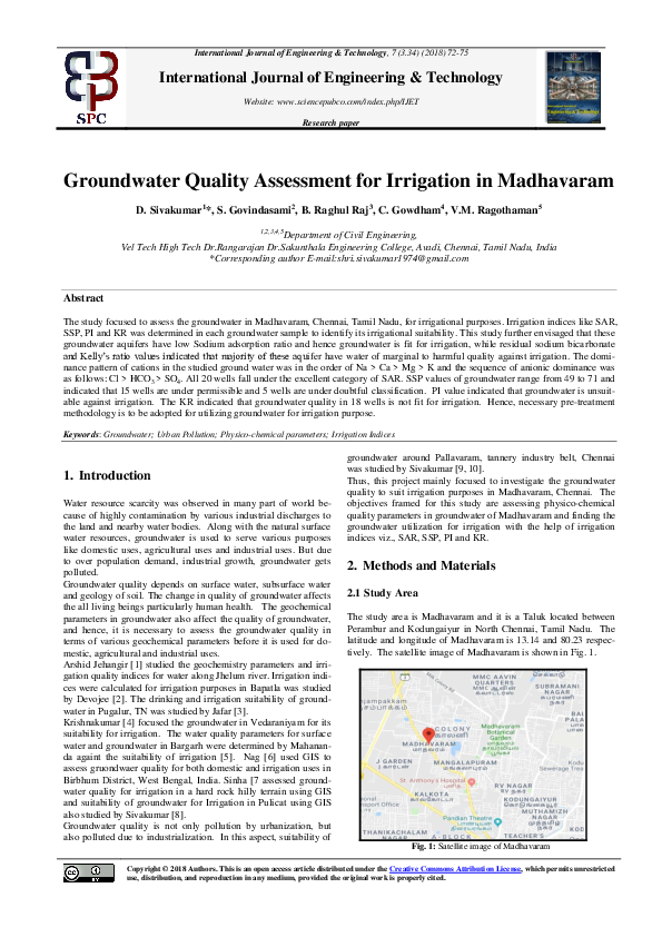 (PDF) Groundwater Quality Assessment for Irrigation in Madhavaram