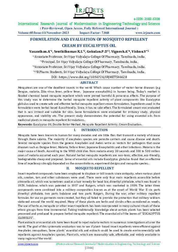 (PDF) Formulation and Evaluation of Mosquito Repellent Cream by Eucalyptus Oil