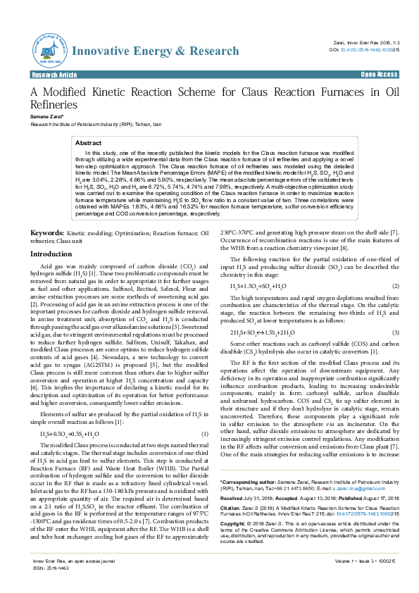 (PDF) A Modified Kinetic Reaction Scheme for Claus Reaction Furnaces in ...