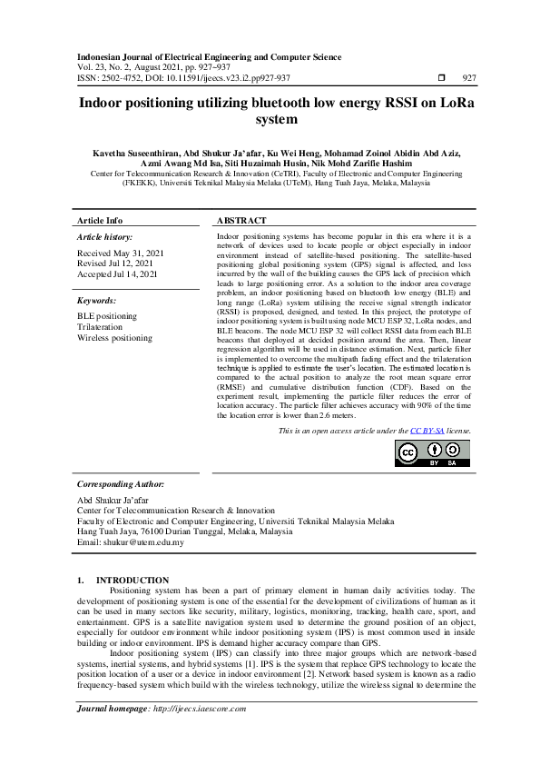 (PDF) Indoor positioning utilizing bluetooth low energy (BLE) RSSI on ...