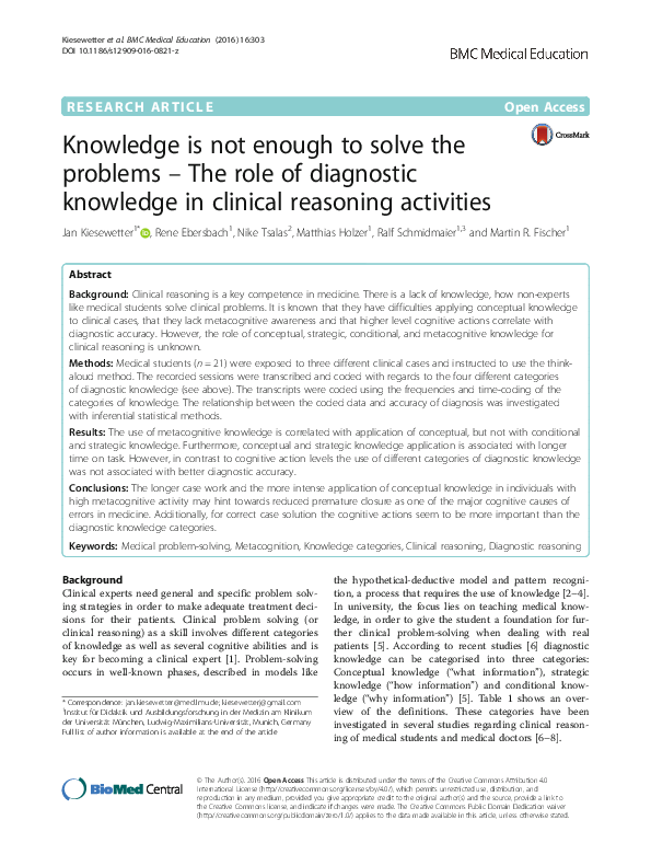 (PDF) Knowledge is not enough to solve the problems – The role of diagnostic knowledge in ...
