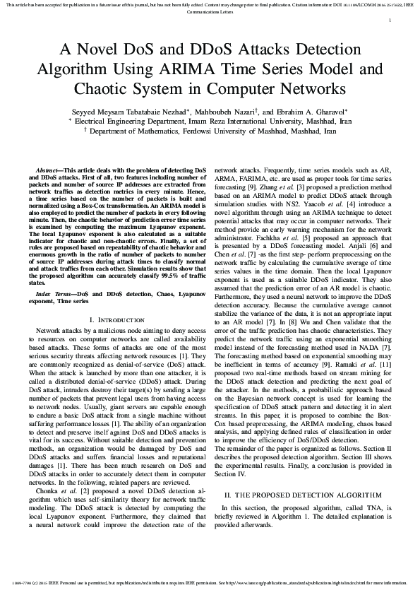 (PDF) A Novel DoS and DDoS Attacks Detection Algorithm Using ARIMA Time Series Model and Chaotic ...