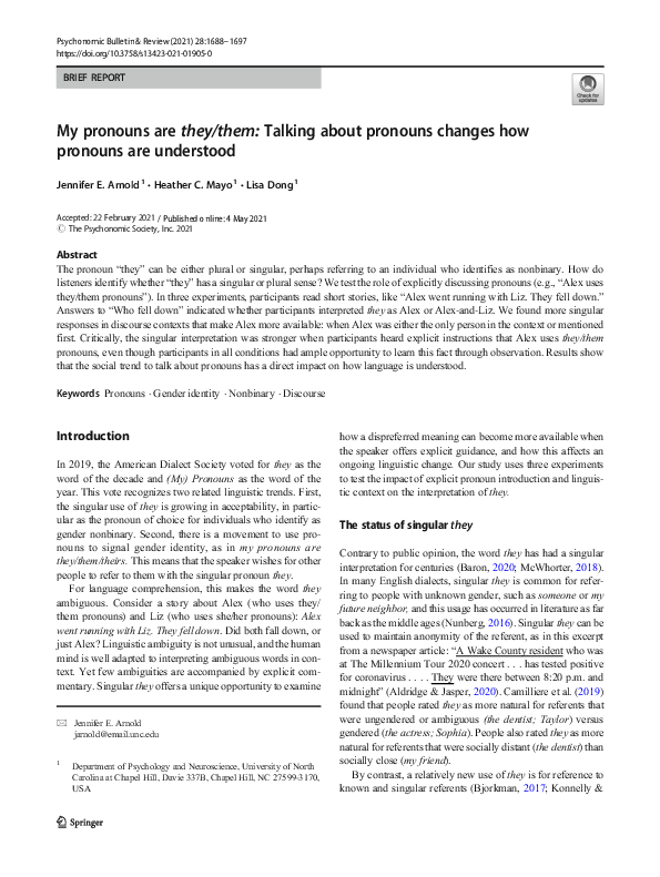 (PDF) My pronouns are they/them: Talking about pronouns changes how ...