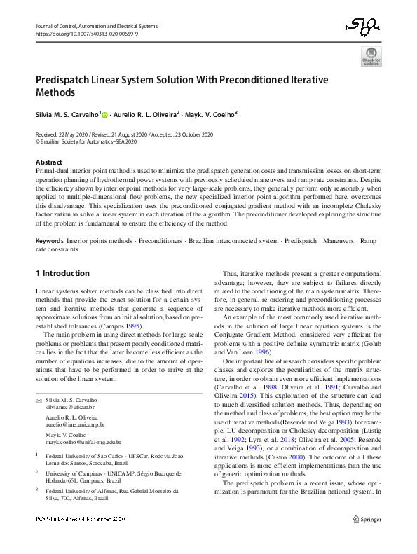 (PDF) Predispatch Linear System Solution With Preconditioned Iterative Methods