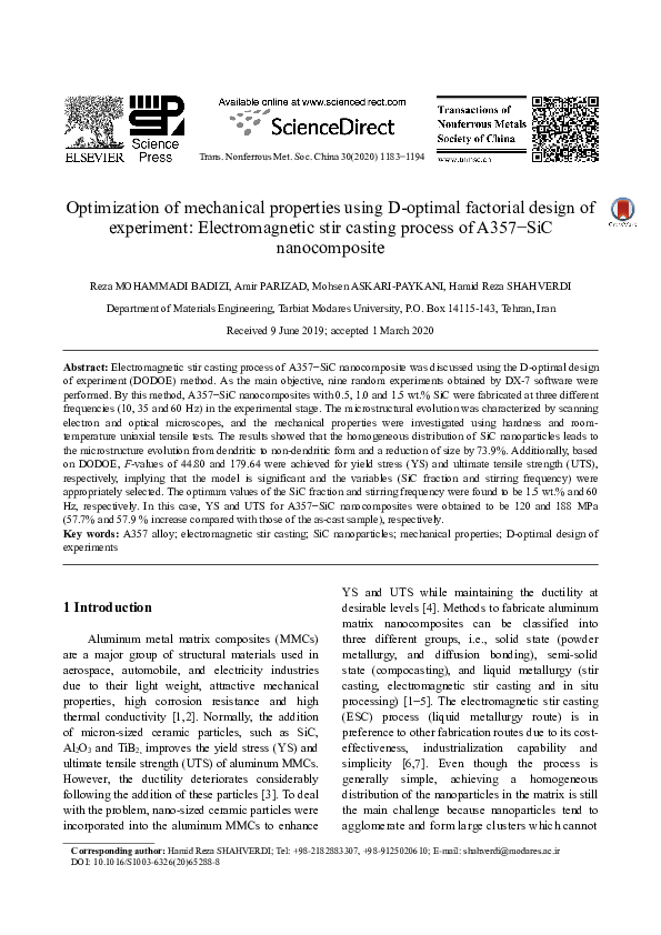 (PDF) Optimization of mechanical properties using D-optimal factorial design of experiment ...