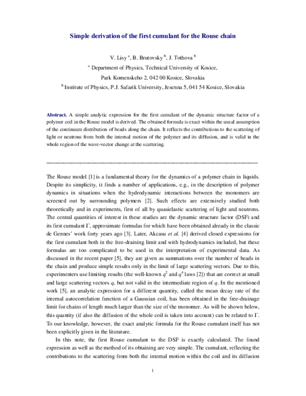 (PDF) Simple Derivation of the First Cumulant for the Rouse Chain ...