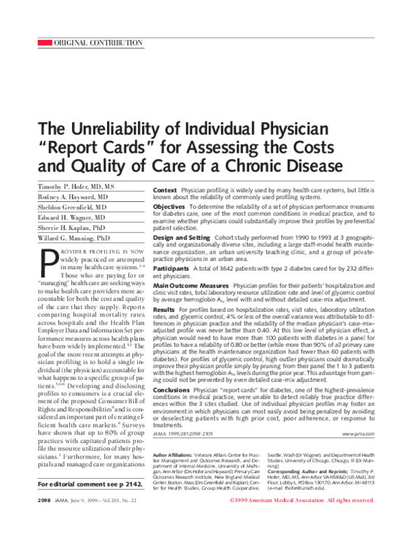 (PDF) The Unreliability of Individual Physician "Report Cards" for ...