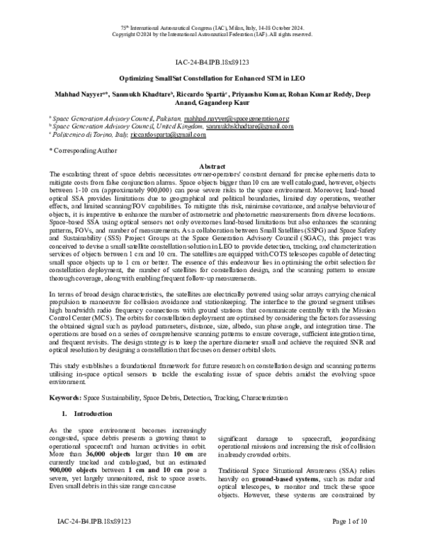(PDF) Optimizing SmallSat Constellation for Enhanced STM in LEO
