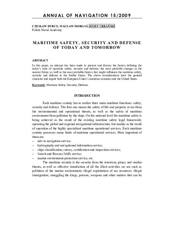 (PDF) Maritime Safety, Security and Defense of Today and Tomorrow