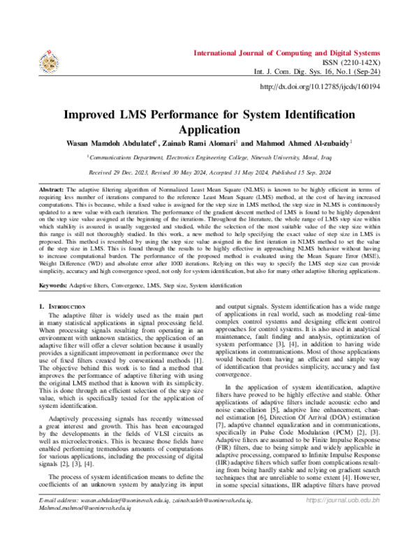 (PDF) Improved LMS Performance for System Identification Application