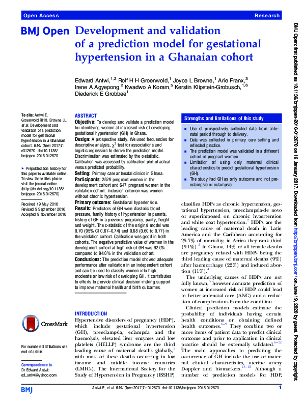 (PDF) Development and validation of a prediction model for gestational ...