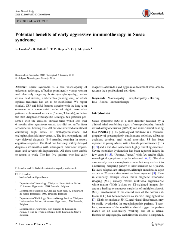 (PDF) Potential benefits of early aggressive immunotherapy in Susac ...