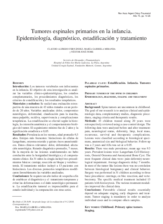 (PDF) Tumores espinales primarios en la infancia: Epidemiología, diagnóstico, estadificación y ...