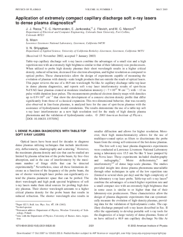 (PDF) Capillary Discharge Lasers for Plasma Diagnostics