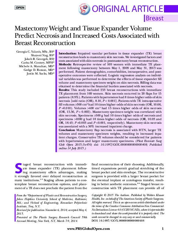 (PDF) Mastectomy Weight and Tissue Expander Volume Predict Necrosis and ...