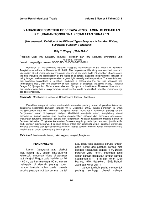 (PDF) Variasi Morfometrik Beberapa Jenis Lamun Di Perairan Kelurahan Tongkeina Kecamatan Bunaken