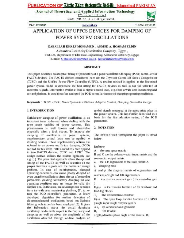 (PDF) Application of Upfcs Devices for Damping of Power System Oscillations