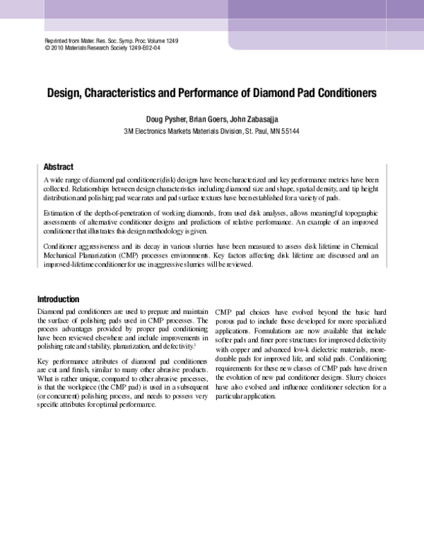 (PDF) Design, Characteristics and Performance of Diamond Pad Conditioners