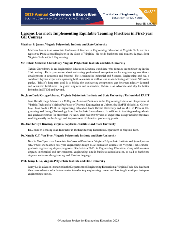 (PDF) Lessons Learned: Implementing Equitable Teaming Practices in First-year GE Courses