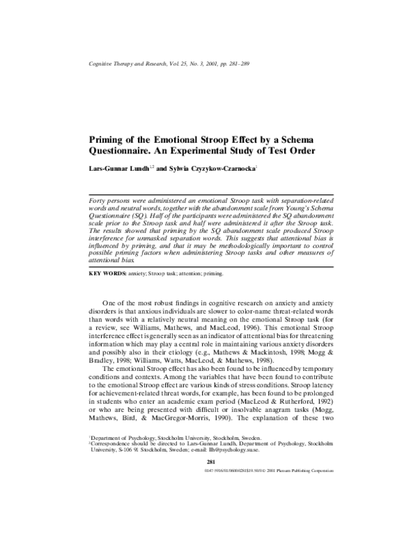 (PDF) Priming of the Emotional Stroop Effect by a Schema Questionnaire ...