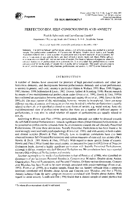 (PDF) Perfectionism, self-consciousness and anxiety