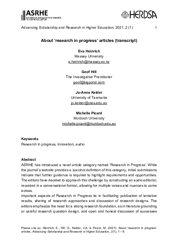 (PDF) The ‘Research in Progress’ article category