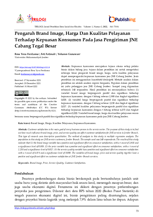 (PDF) Pengaruh Brand Image, Harga Dan Kualitas Pelayanan Terhadap Kepuasan Konsumen Pada Jasa ...
