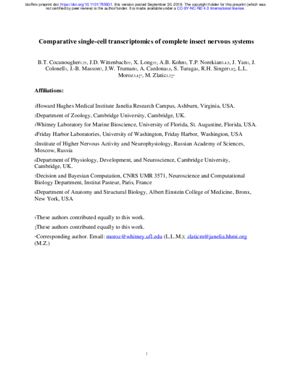 (PDF) Comparative single-cell transcriptomics of complete insect nervous systems | Leonid Moroz ...