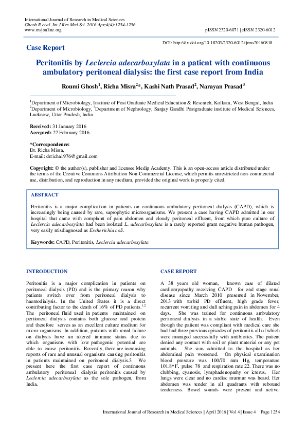 (PDF) Peritonitis by Leclercia adecarboxylata in a patient with continuous ambulatory peritoneal ...