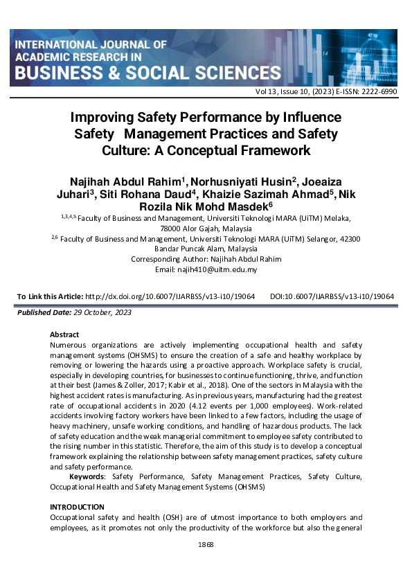 (PDF) Improving Safety Performance by Influence Safety Management ...