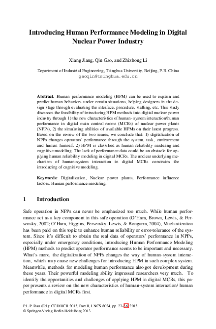 (PDF) Introducing Human Performance Modeling in Digital Nuclear Power ...