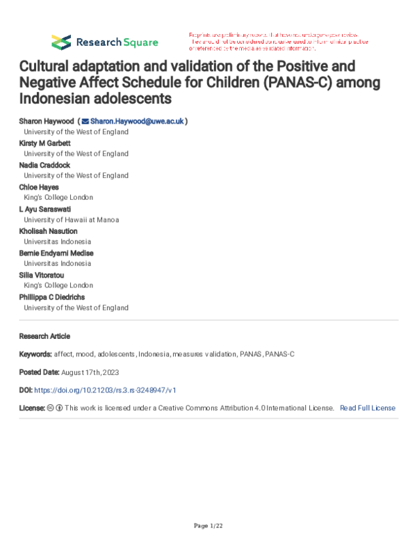 (PDF) Cultural adaptation and validation of the Positive and Negative ...