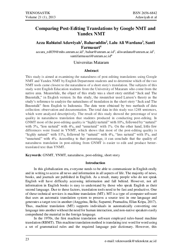 (PDF) Comparing Post-Editing Translations by Google NMT and Yandex NMT