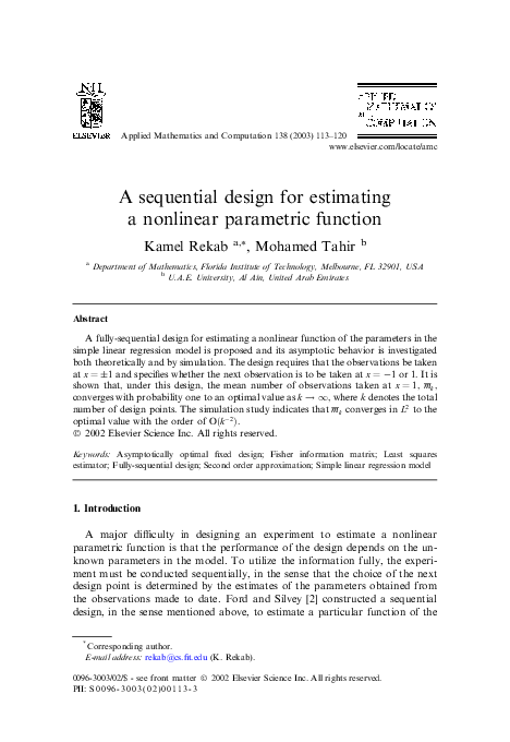 Pdf A Sequential Design For Estimating A Nonlinear Parametric Function Kamel Rekab