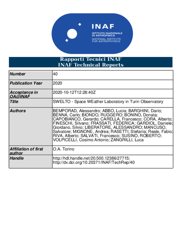 (PDF) SWELTO - Space WEather Laboratory in Turin Observatory